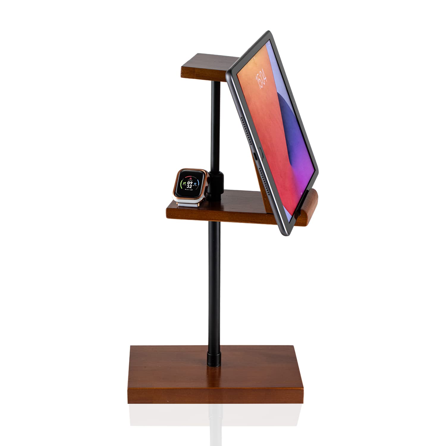 Shevvi Wood Tablet Stand, Cell Phone Stand Holder with Height Adjustable 360 Degree Rotation, Walnut Wood Charging Dock for Desk, Compatible with iPad iPhone Kindle Reader Bigger Sized Tablets