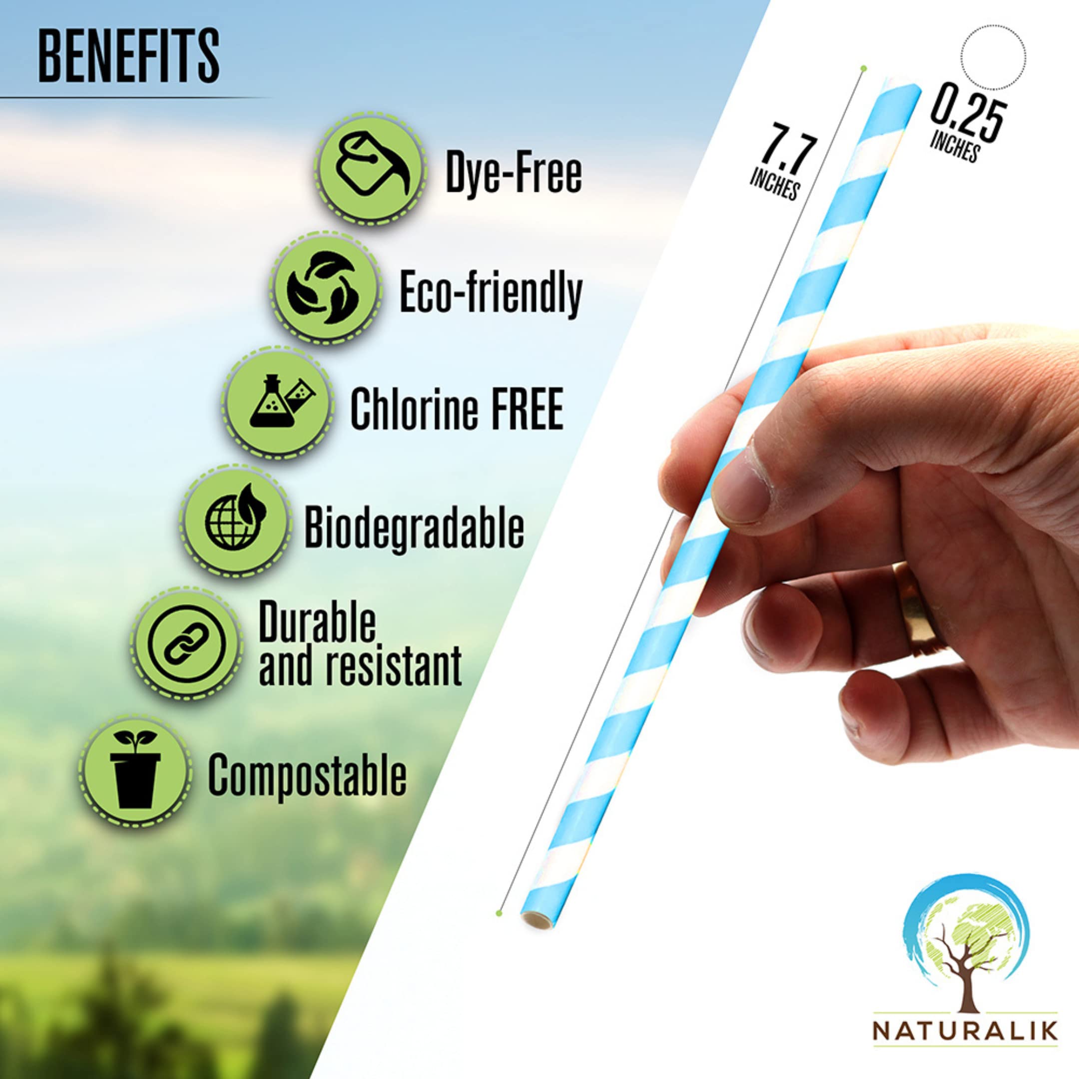 Naturalik 100-Pack Light Blue Biodegradable Paper Straws- Extra Durable- Baby Shower decorations for boy, gender reveal party supplies, birthday party straws, Blue Paper Straws