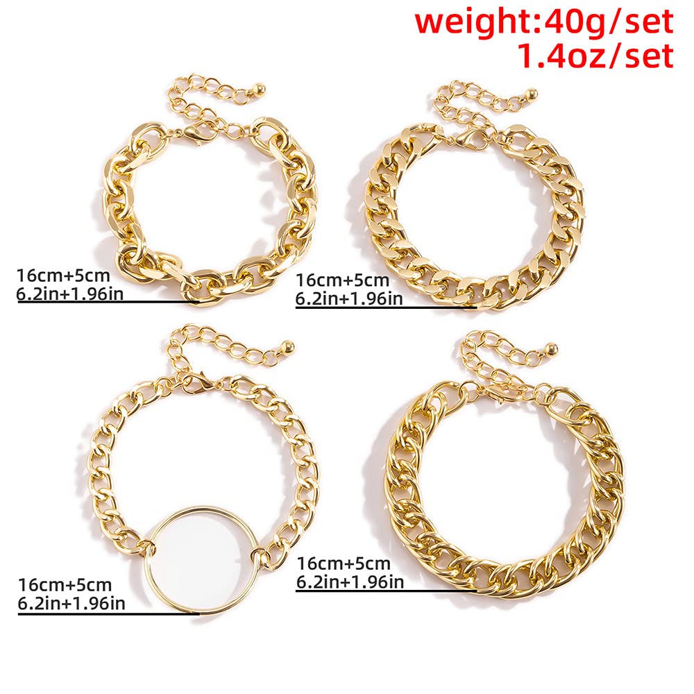 JWICOS Gold Chunky Chain Bracelet for Women Charm Boho Bracelet for Women Flat Cable Chunky Chain Bangle with Circle Set of 4 (Gold)