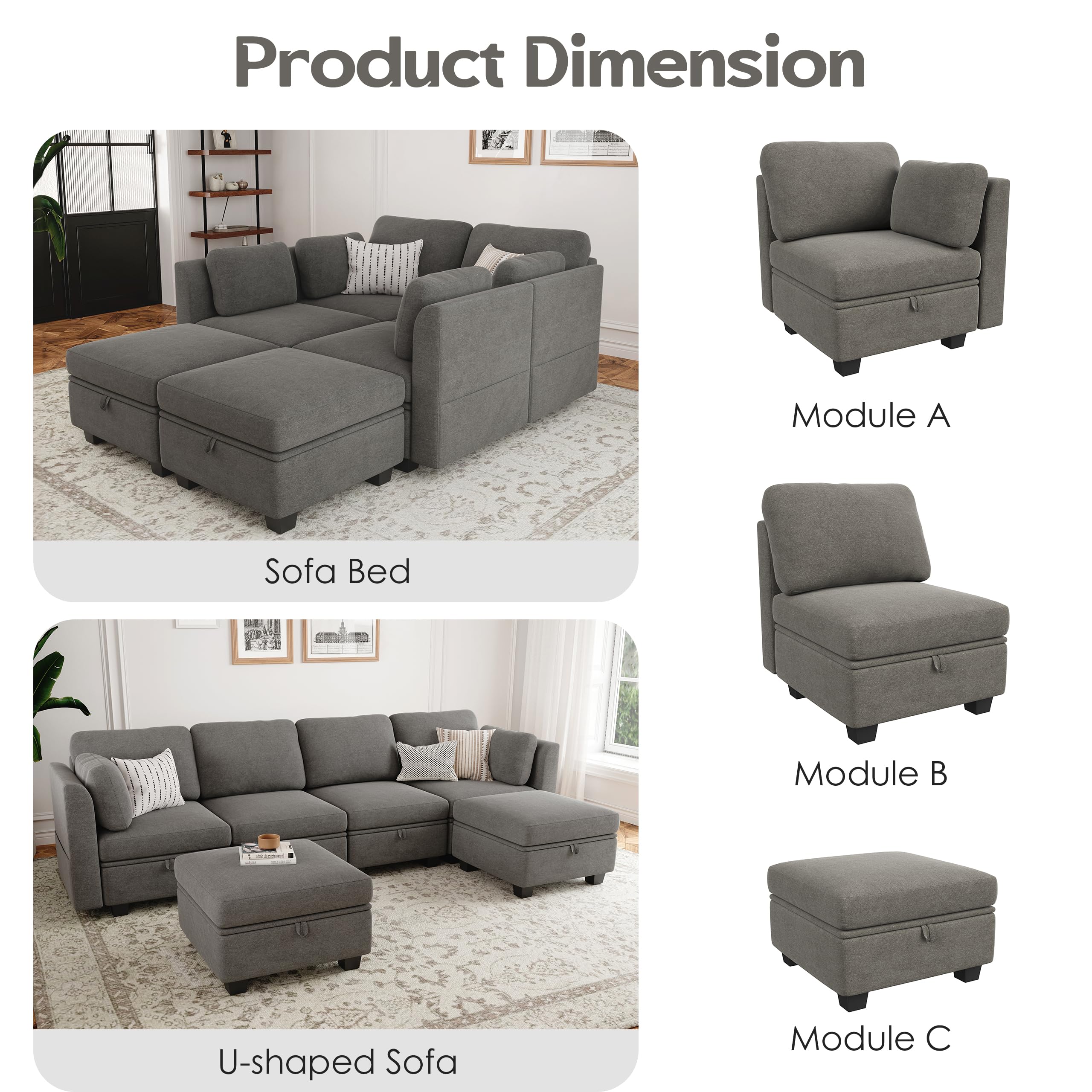 SOMEET Sectional Couch, Modular Sectional Sofa with Storage, U Shaped Sectional Couches for Living Room with Chaise, 6 Seats Convertible Sofa Bed Supportive with Adjustable Backrest 112", Blue Grey