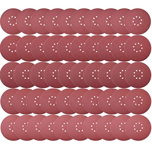 Sackorange 50 PCS 9-Inch 8-Hole Drywall Sanding Discs Set -10 PCS Each of 60 80 120 150 240 Grits, Premium 9" Hook-and-Loop Aluminum Oxide Abrasive Sander Paper for Drywall Sander