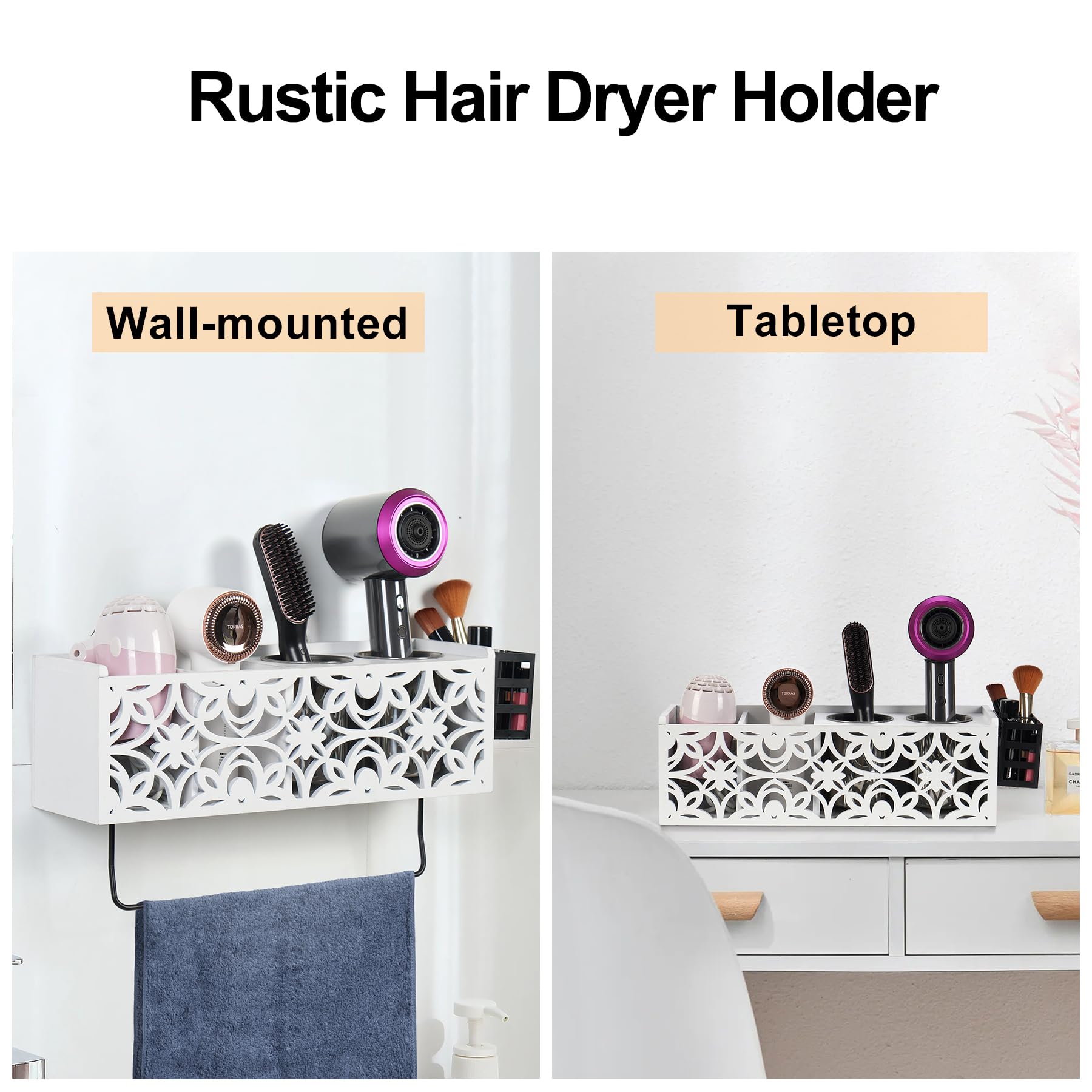TRSPCWR Hair Tool Organizer Wall Mounted, Hair Dryer and Styling Holder with Towel Bar, Bathroom Blow Dryer Holder with Side Basket, Farmhouse Vanity Caddy Storage Stand for Accessories, Makeup