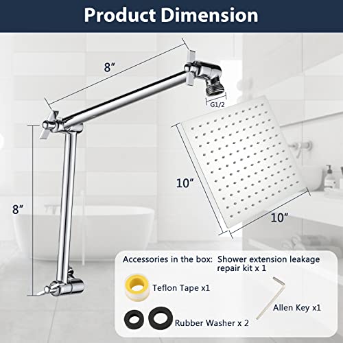 PDPBath 10" Rain Shower Head with 16" Adjustable Height&Distance Extension Arm, 304 Stainless Steel High Pressure Rainfall Showerhead, All Metal Square Waterfall Showerhead with Extender - Chrome
