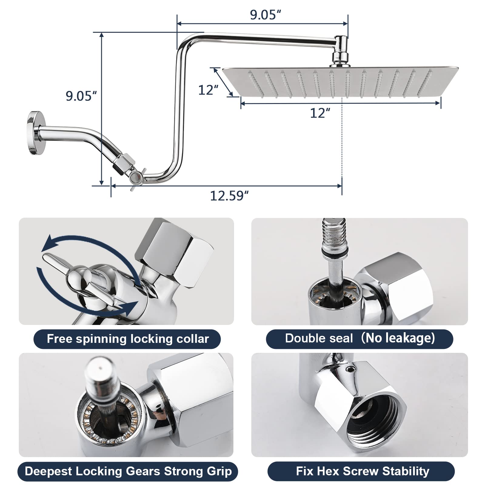 PDPBath 12" Rain Shower Head with Upgrade Adjustable Extension Arm, 304 Stainless Steel High Pressure Rainfall Showerhead, All Metal Large Square Waterfall Fixed Showerhead for Bathroom - Chrome
