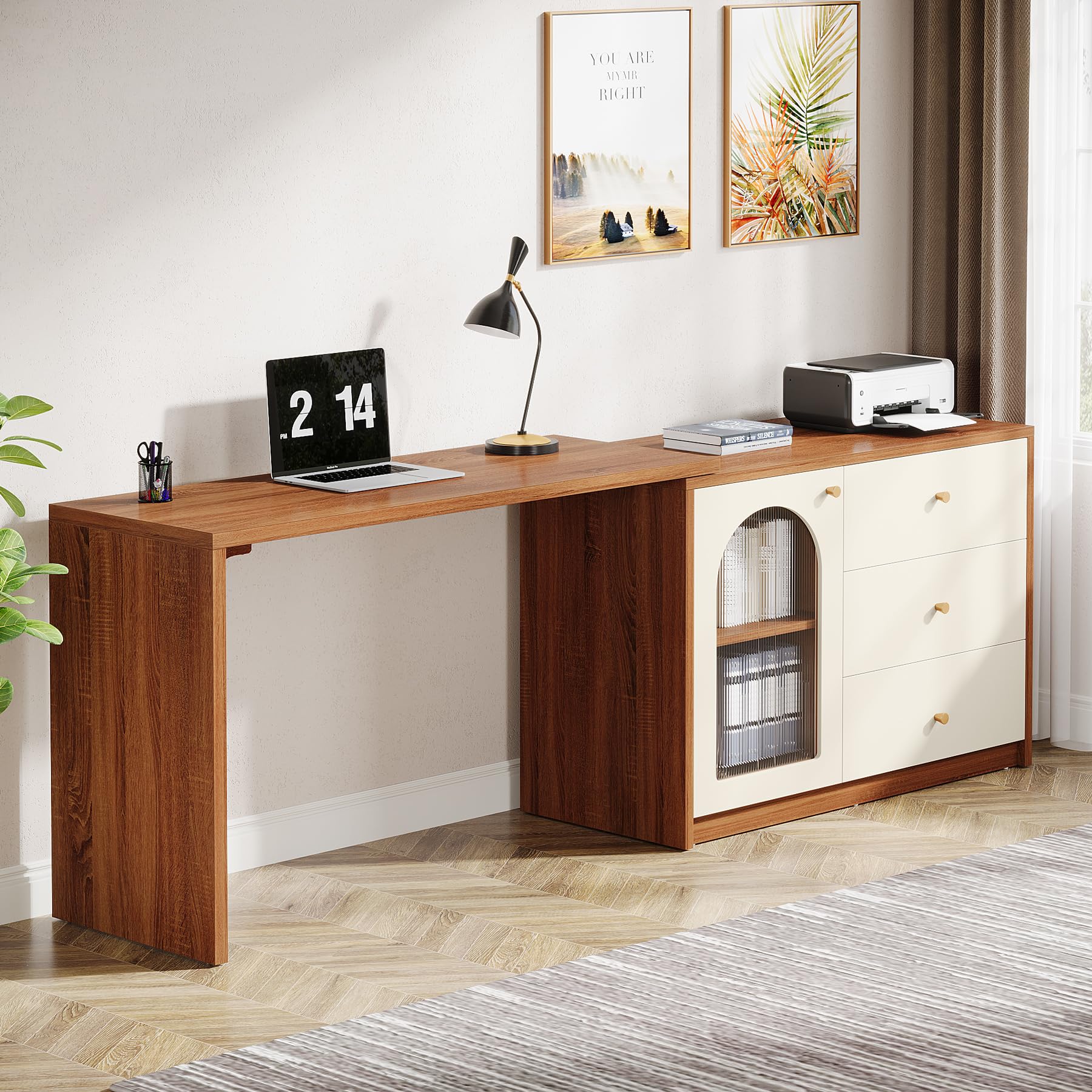 Tribesigns L Shaped Computer Desk with Drawers, Modern Corner Home Office Desk with Reversible Storage Cabinet, Long Study Writing Desk Workstation for Home Office, Black & White