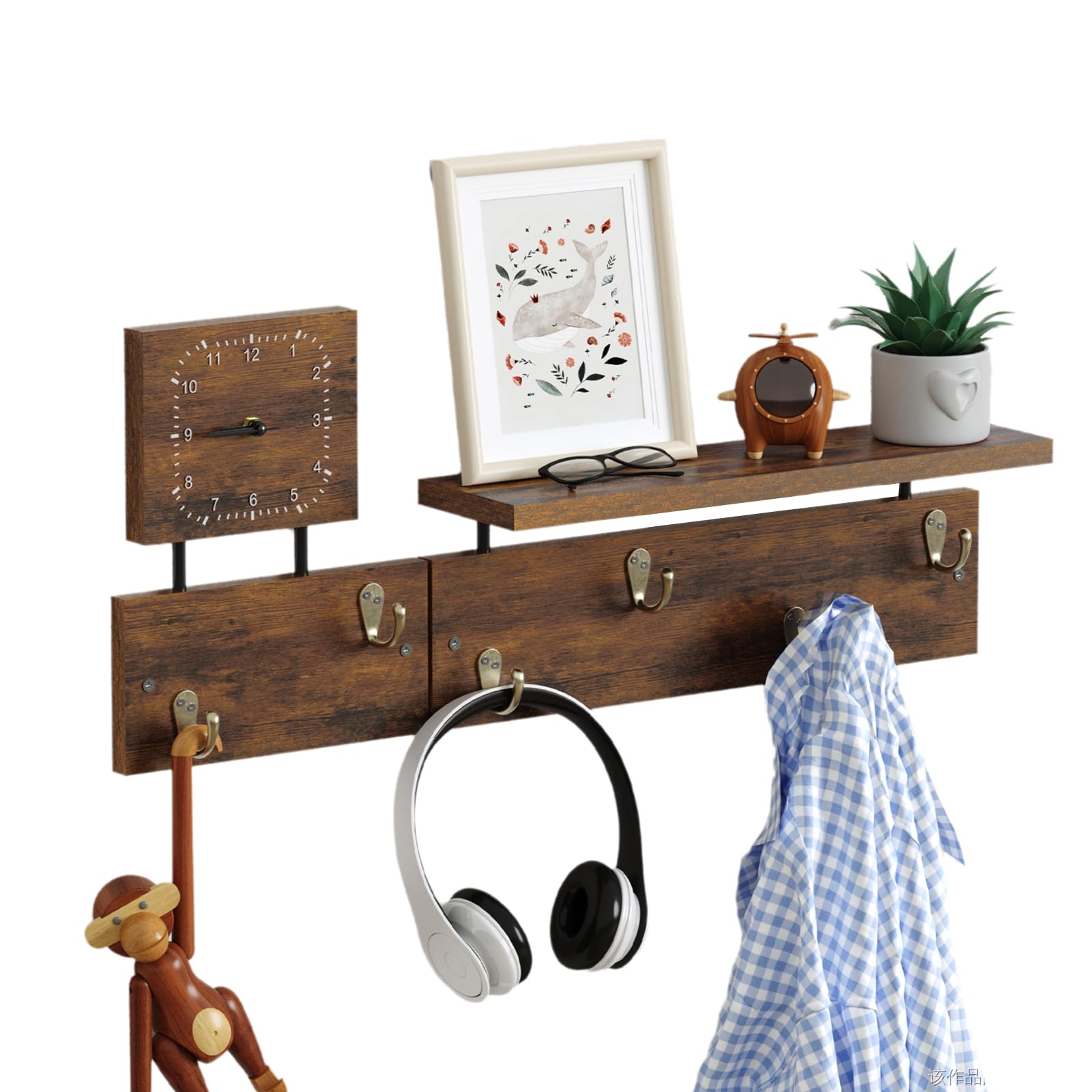 X-cosrack Coat Rack Wall Mount, Wooden Wall Mounted Storage Rack with Clock and 6 Hooks,Hanging Coat Rack with Shelf for Entryway, Bathroom, Living Room, Bedroom