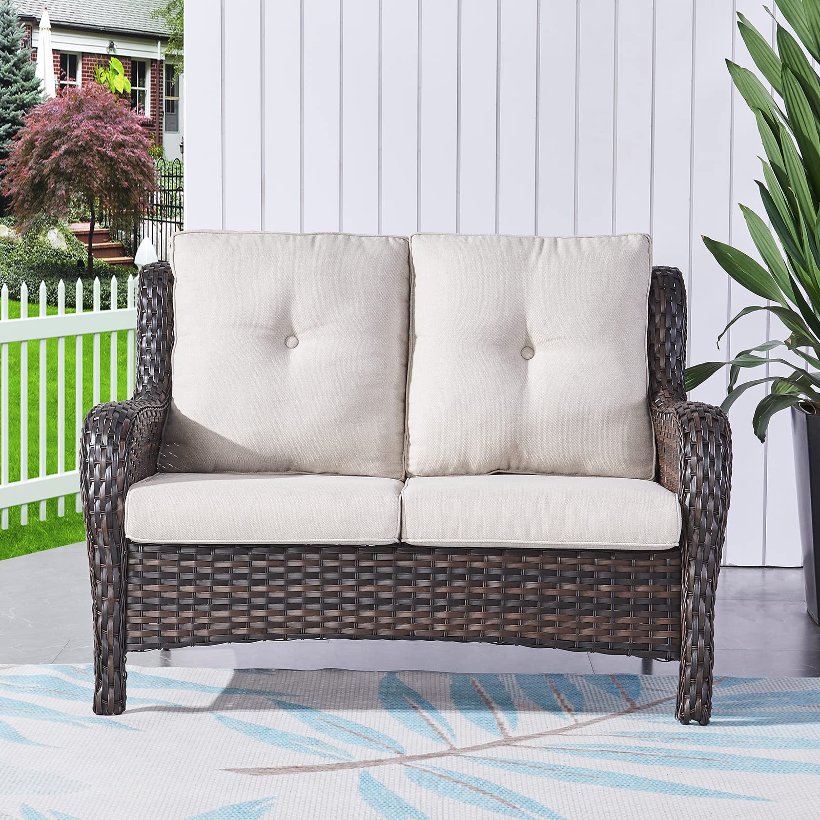 Rilyson Outdoor Patio Couch Wicker Sofa - 3 Seater Rattan Sofa for Outside Patio Garden Porch with Deep Seating and Cushions(Brown/Blue)