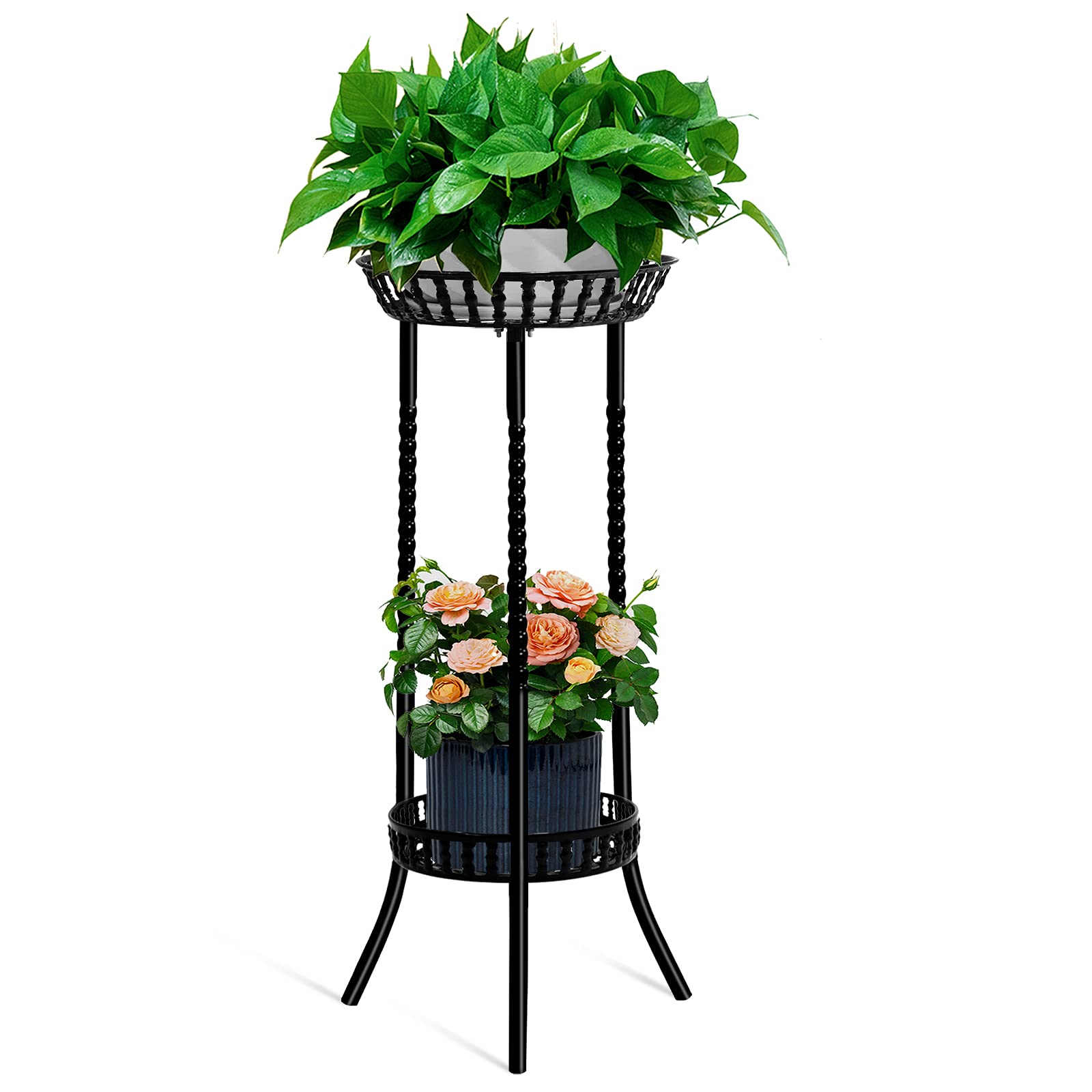 JzNova 2 Tiers Metal Plant Stand, 33.5inch Tall Flower Pot Raised Holder, Iron Art Planter Holders, Rustproof Outdoor & Indoor Elegant Corner Decorative Display Rack, Modern Potted Container, Black