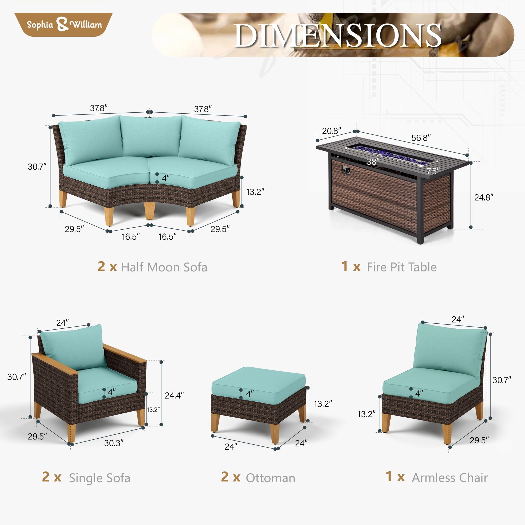 Sophia & William Patio Furniture Set with Fire Pit Table, 10 Piece Half Moon Outdoor Wicker Sectional Sofa Set, Rattan Conversation Set with 56-Inch Fire Pit Table for Backyard, Deck, Pool(Aqua Blue)