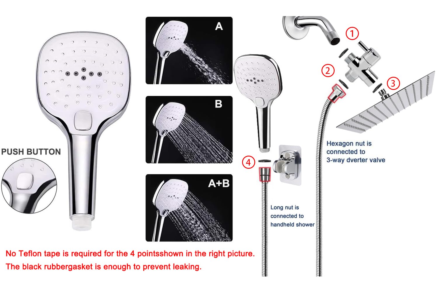 Shower Head with Hose, High Pressure Stainless Steel 8 Inch Rain Showerhead and 3 Settings Handheld Shower Spray Combo with Push Button Flow Control(NearMoon Square Shower Head Set) (Chrome Finish)