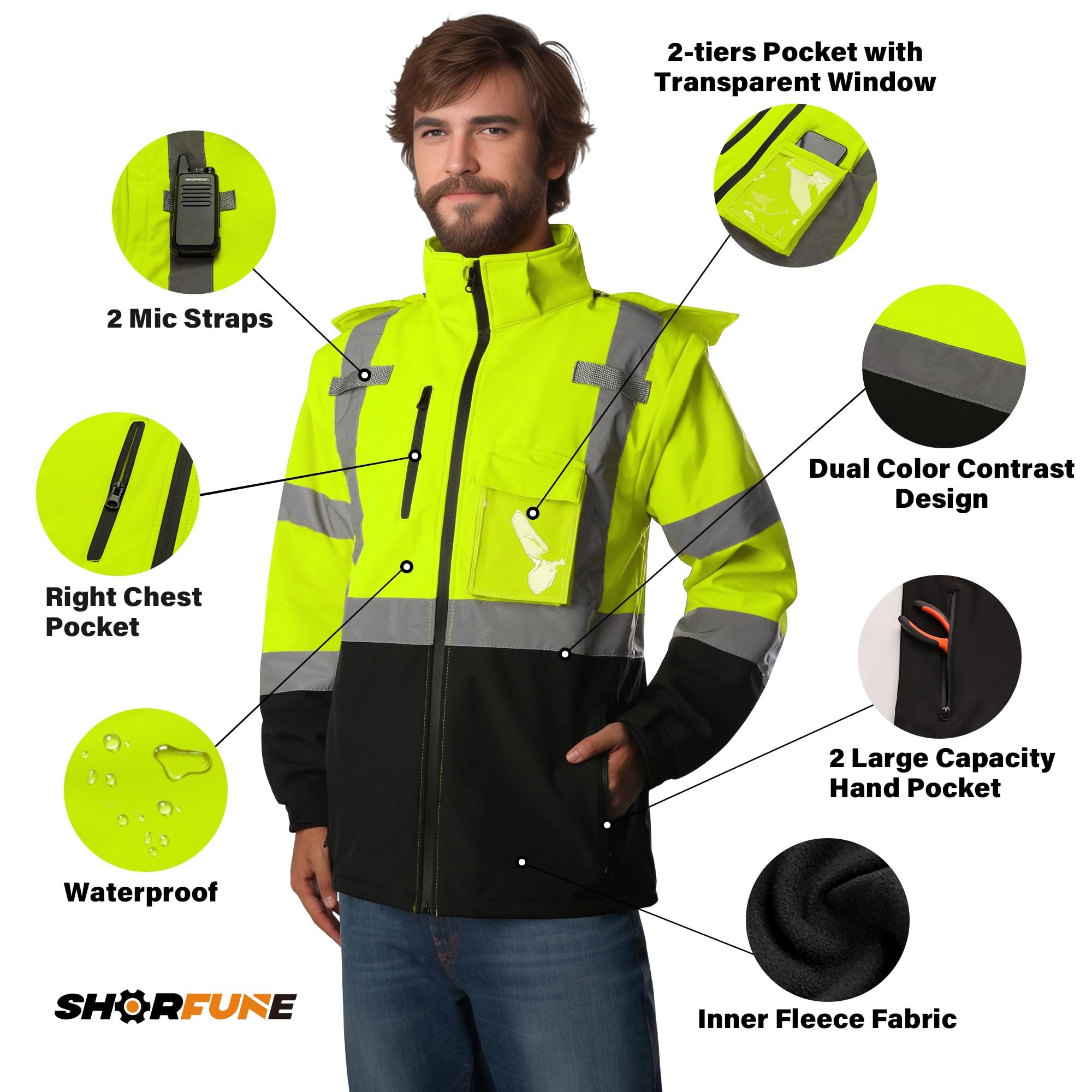 SHORFUNE High Visibility Softshell Waterproof Safety Jacket for Women, Class 3 Reflective Work Jackets with Pockets, Detachable Hood and Sleeves &Black Bottom, L, Yellow
