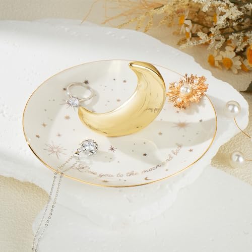 LotFancy Jewelry Dish, Moon Ring Dish Holder, Ceramic Trinket Jewelry Tray for Earring Bracelet Necklace Wedding Engagement Gift
