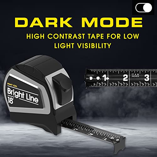 Perfect Measuring Tape - BrightLine High Contrast Dark Mode Easy Read Tape Measure for Low Light Visibility - Heavy Duty Rubber Case 18ft (Inch Fractions) Dual Sided Auto Lock Tape Measure Retractable