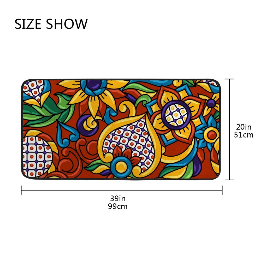 Long Rug Kitchen Floor Mat Carpet Soft Bath Non-Slip Washable Mexican Talavera Ethnic Folk Red Decoration Living Room Home Bedroom 39×20 Inch