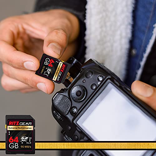 Ritz Gear SD Card SDXC UHS-I 64GB Extreme Performance High Speed 90/60 MB/S U3 A1 Class-10 V30 Memory Card for Camera + Memory-Card-Reader-and-Wallet