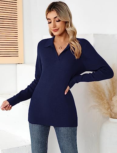 Romanstii Women's Knitted Polo Sweaters Long Sleeve V Neck Collared Shirts Winter Pullover Tops,Navy Blue,L
