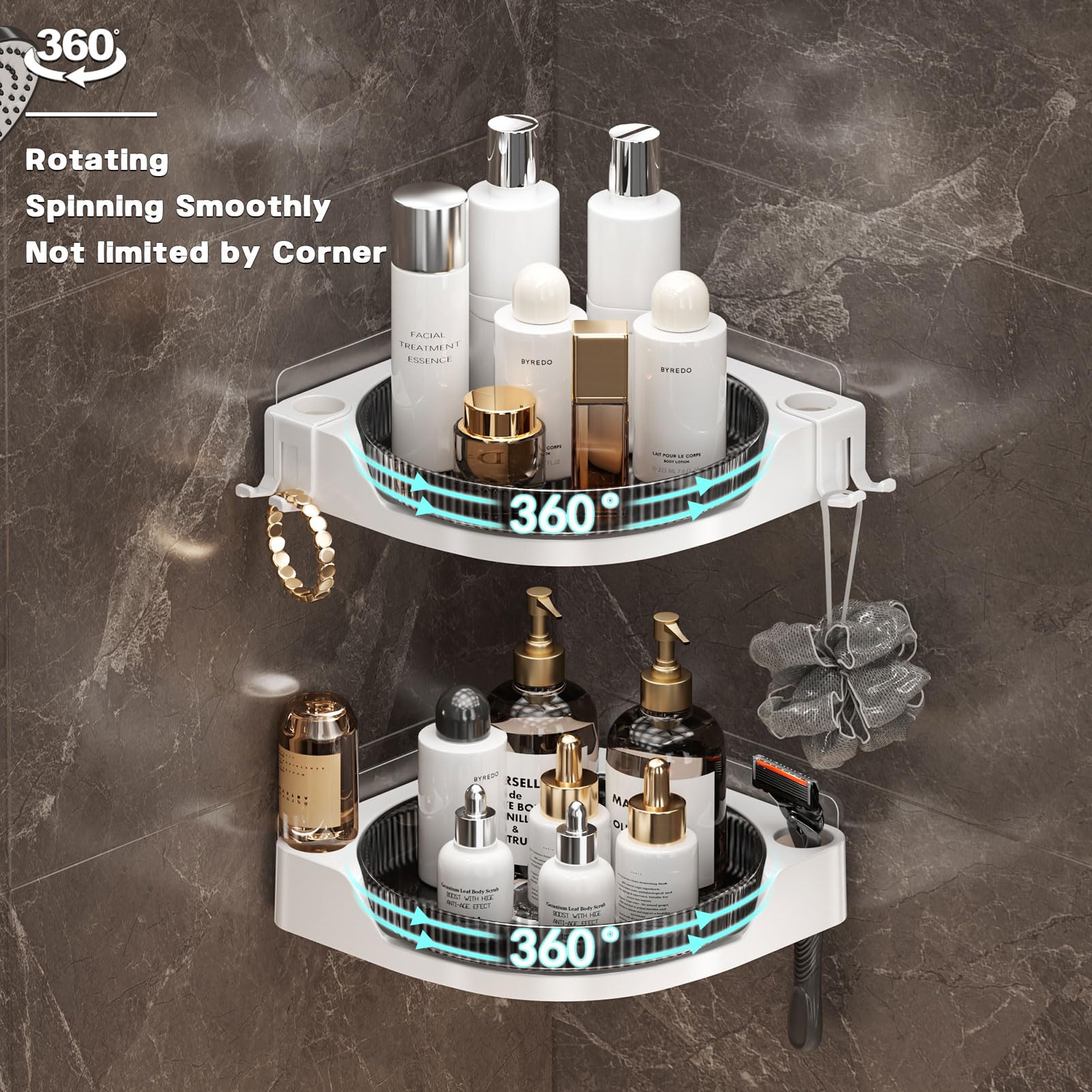 shuang qing 2 Pack Corner Shower Caddy, 360° Rotating Lazy Susan Shower Organizer, Corner Shower Shelf with 2 Hooks, Adhesive No Drilling Wall Mounted Shelves for Bathroom, Kitchen(Black)