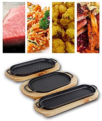 Mavoorick Cast Iron Steak Platter,Skillet Serving Plate with Handle, Kitchen Asian Style Cast Iron Serving Dish with Wooden Serving Board,Grilled Steak Grilled Meat Iron Plate-S