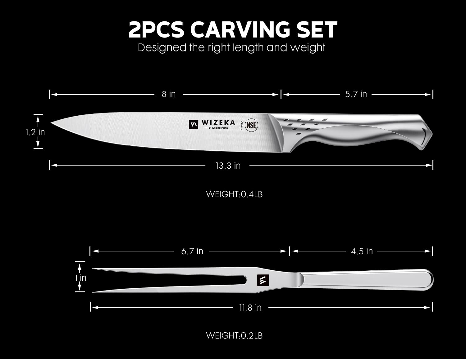 WIZEKA Turkey Carving Knife Set 2-Piece, 8-inch Carving Knife and Fork Set, Ultra-Sharp German Stainless Steel Kitchen Knife for Meat, BBQ, Carving Set with Gift Box for Thanksgiving, Jaguar Series