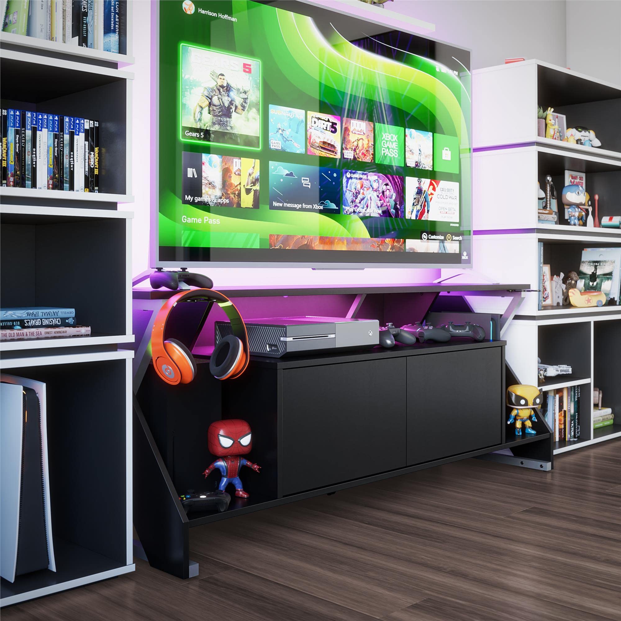 NTense Xtreme Gaming Console Stand with LED Light Kit for TVs up to 65", Black