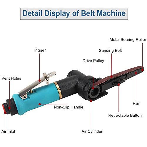 SI FANG Intensive Air Belt Sander 3/8''x 13'' with 16Pcs Sanding Belts (Grit 40 60 80 120 each 4pc), Mini Pneumatic Tool for Metal, Wood, Plastics, Rubber, Providing Polishing, Stripping & Sanding