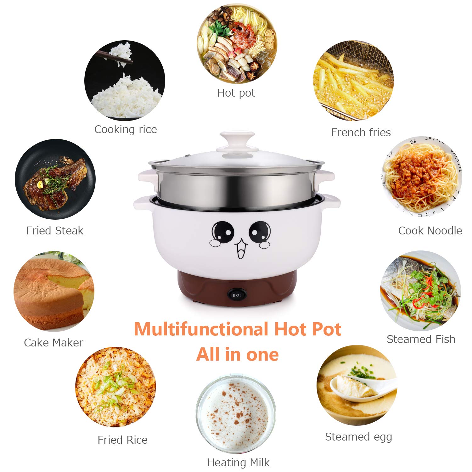MINGPINHUIUS 4-in-1 Multifunction Electric Cooker Skillet Wok Electric Hot Pot For Cook Rice Fried Noodles Stew Soup Steamed Fish Boiled Egg Small Non-stick with Lid (3.6L, without Steamer)
