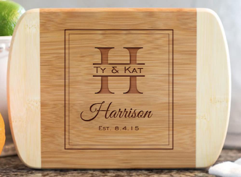 Personalized Wedding Gift for Couples - Engraved Bamboo Cutting Board - Engagement Gifts or Bride to Be Gifts - Mr & Mrs Gift (6x8 Two Tone Rounded, Harrison Design)