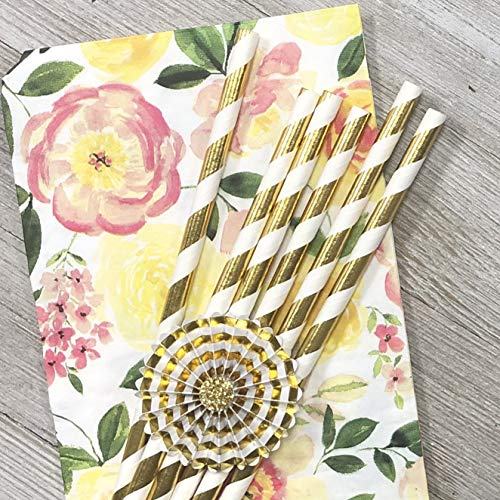 Navy Blue and Gold Foil Paper Straws - Stripe Chevron Solid - 100 Pack