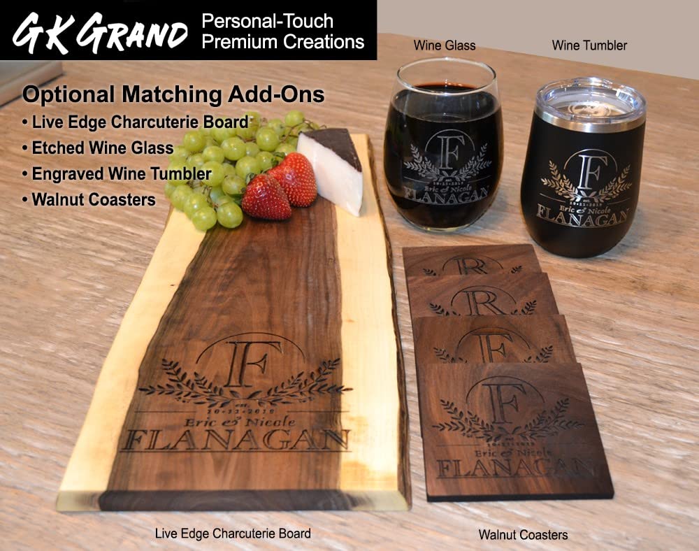 Personalized Cutting Board Wedding Gift β Walnut Live Edge Wood Customized Monogramed Bride Groom Unique Engraved Rustic Elegance Display Newlywed Couple Parents Anniversary Housewarming Christmas