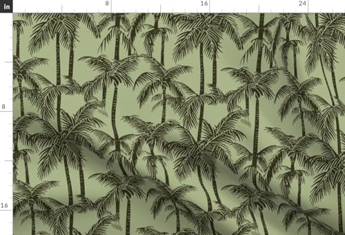 Spoonflower Fabric - Boho Tropical Resort Chic Palm Tree Monochrome Beach Green Modern Printed on Performance Linen Fabric by The Yard - High-end Upholstery Linen Fabric Look