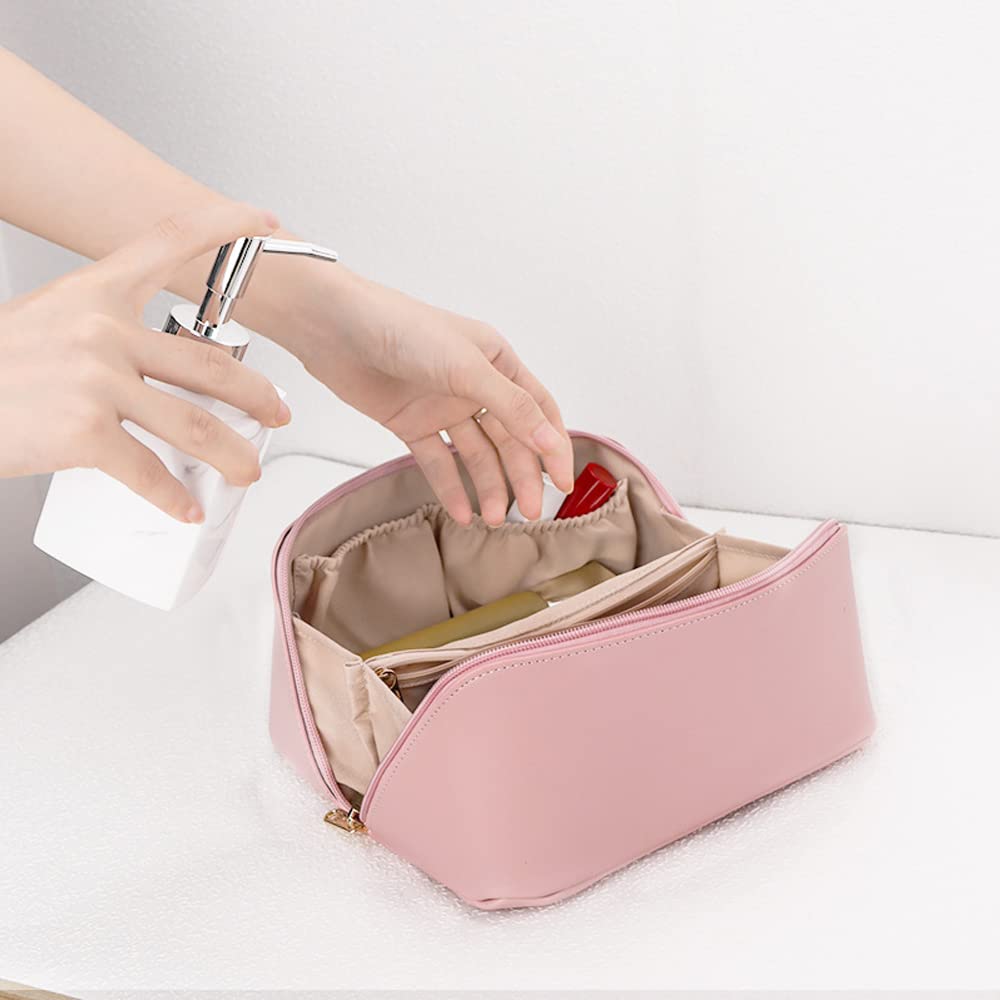 SOUKAHU Large Capacity Travel Cosmetic Bags for Women, PU Leather Makeup Bag,Waterproof Portable Pouch Open Flat Lay Cosmetic Bag Makeup Organizer Bag with Divider and Handle-Khaki