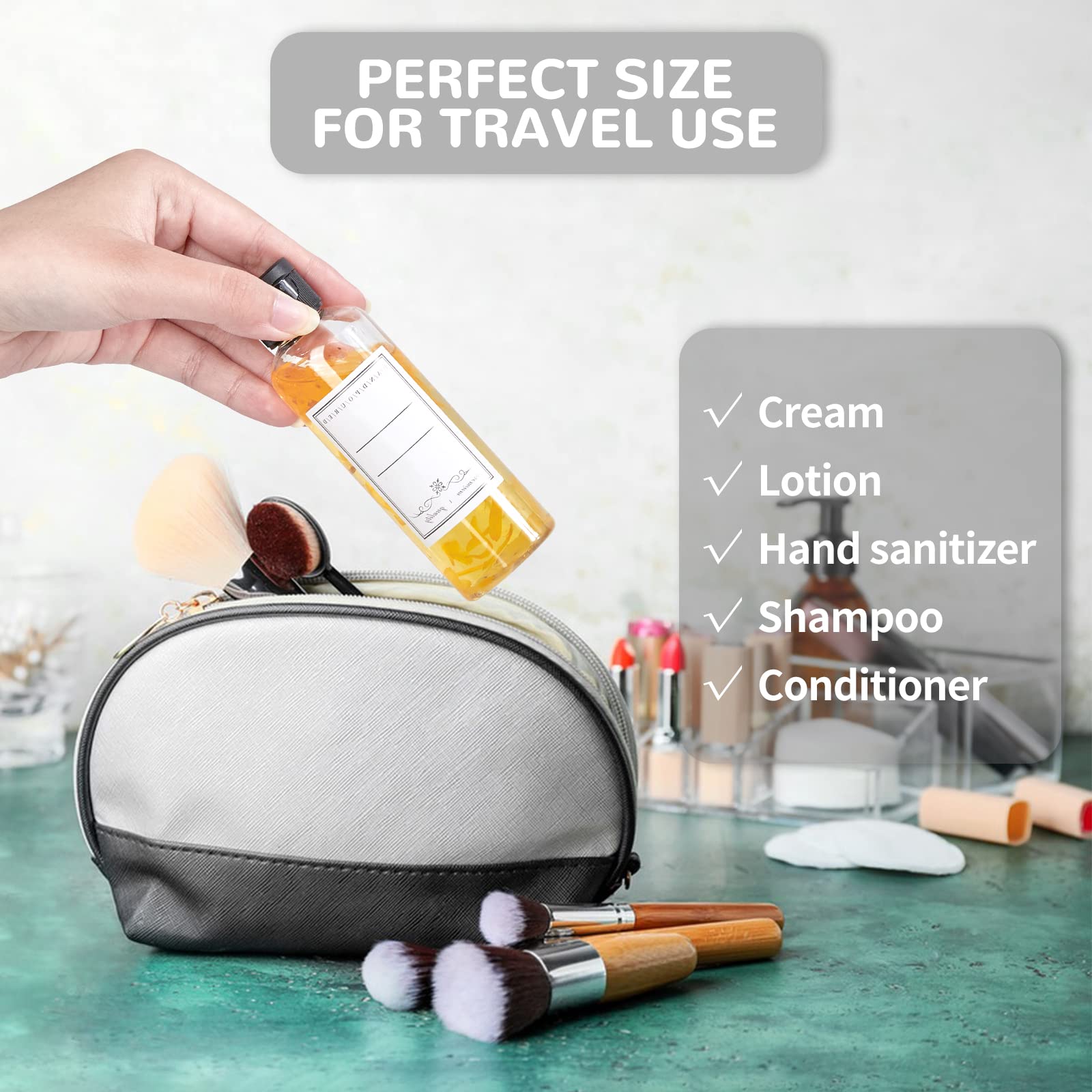 Qeirudu 3.4 oz Travel Bottles with Black Flip Cap and Labels, 12 Pack Clear Empty Squeeze Bottles Plastic Lotion Containers for Cream, Shampoo, Conditioner