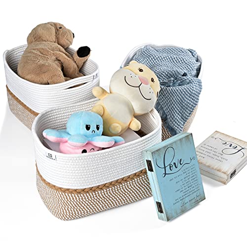 RITHLELA Woven Baskets 15"x10"x9" Cotton Rope Cube Storage Baskets Set of 3 Decorative Baskets Closet Cloth Storage Baskets and Bins for Shelves with Handles for Blanket, Laundry, Clothes - Light Tan