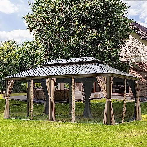 RITSU 12'x20' Gazebo, Hardtop Outdoor Aluminum Frame Canopy with Galvanized Steel Double Roof, Outdoor Permanent Metal Pavilion with Curtains and Netting for Patio,Backyard and Lawn, Brown