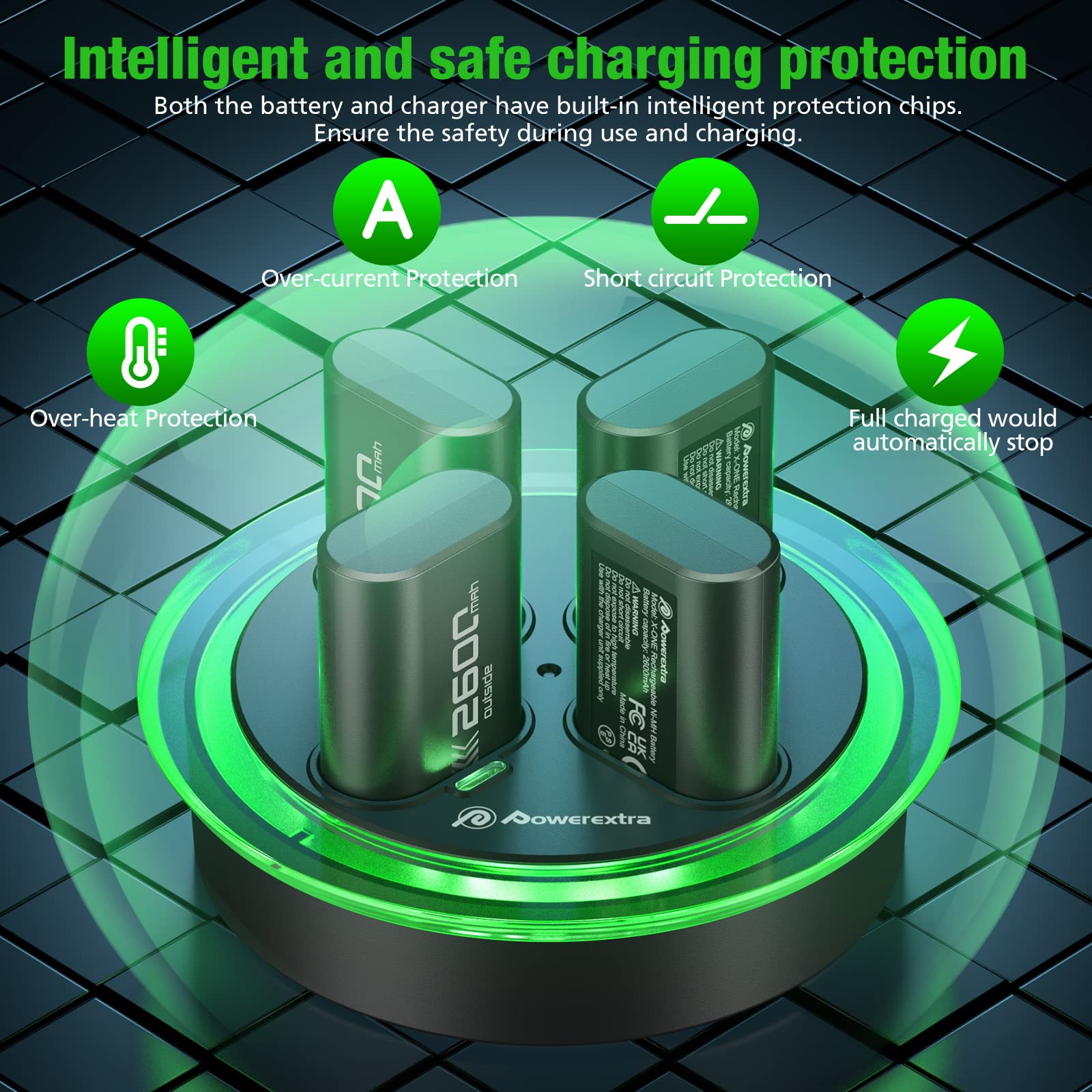 Powerextra Fast Charger Battery Pack for Xbox Controller, 4x2600mAh Rechargeable Batteries for Xbox Series X/S/One X/S/Elite Controllers, Charger Station for Xbox One Battery Pack