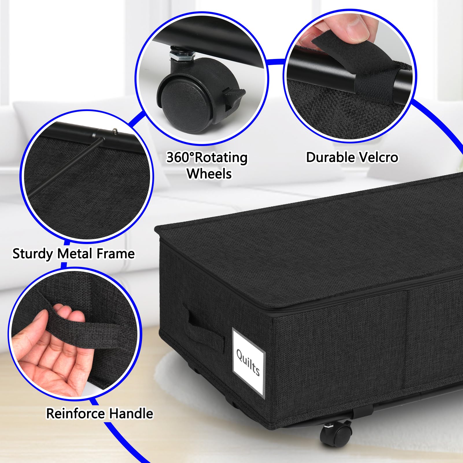 Under Bed Storage with Wheels Lid, Metal Bottom Support Under the Bed Storage Containers, Tall 8.7inch 50L Large Underbed Storage Drawer Organizer Bins for Clothes Blanket Toys 2 Pack