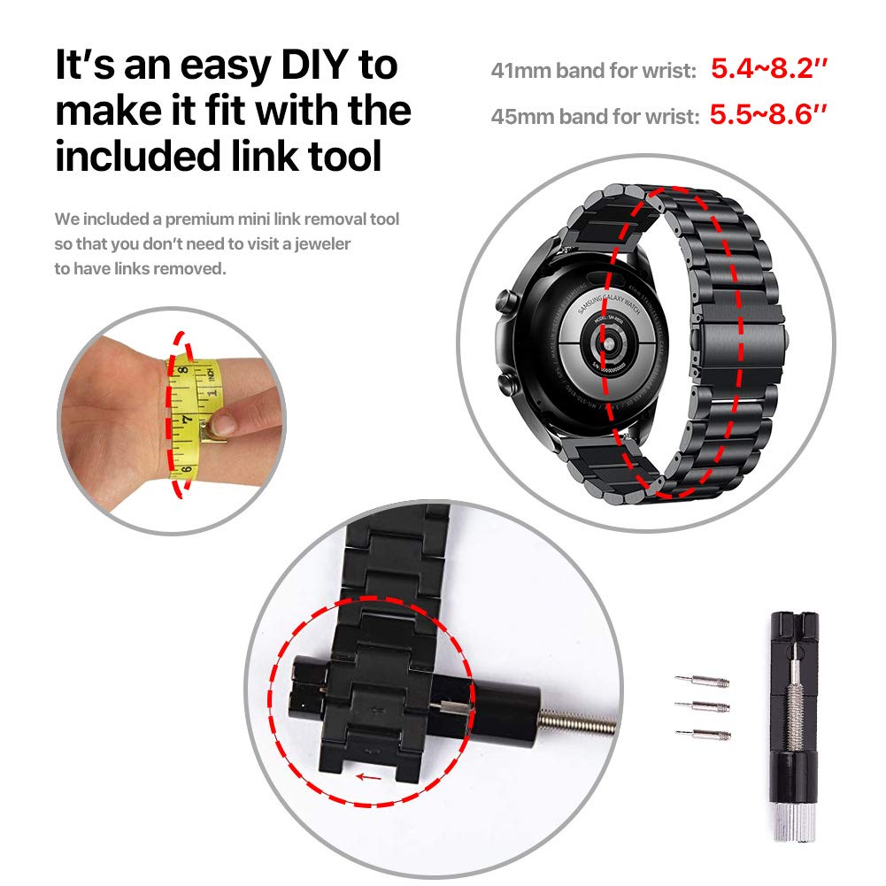 Intoval Band for Samsung Galaxy Watch 3 45mm / Watch 46mm / Gear S3 Frontier/Classic, Garmin Fenix 5/5 Plus/ 6/6 pro Premium Stainless Steel Bands with Link Adjustment Tool (22mm Strap, Black)