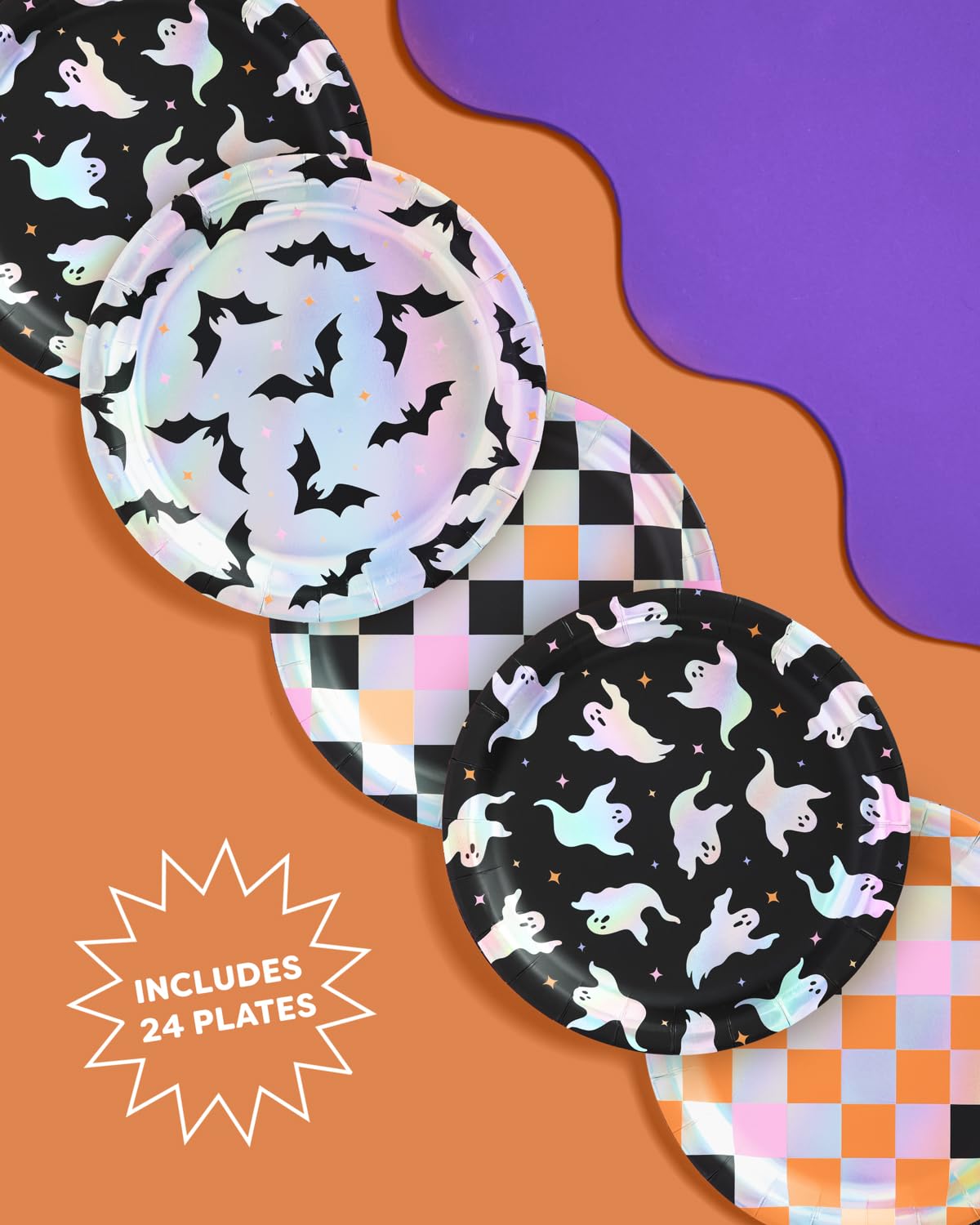 xo, Fetti Halloween Plates - 24 pcs | Halloween Tablescape, Spooky Season Setting, Haunted House Party, Checkered Kids Table Decor