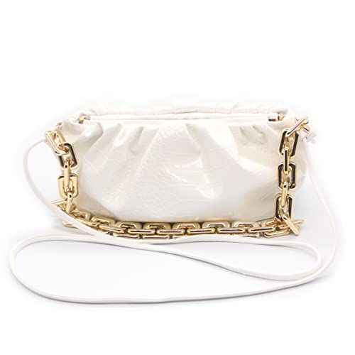 NAARIIAN Women‘s cloud-shape dumpling patent leather bags | Evening clutch purses | Chunky Chain Shoulder Strap Evening Handbags (White Crocodile)