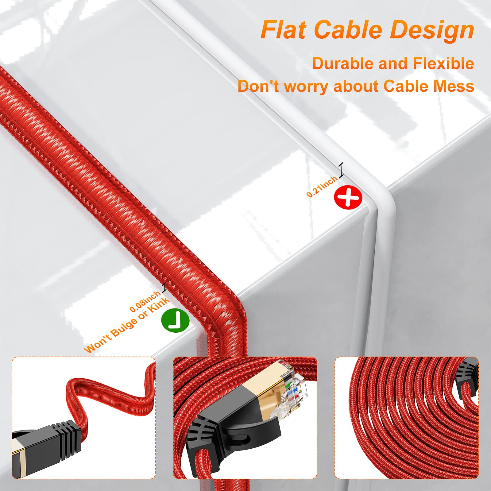 QZVOO 2Pack Cat 8 Ethernet Cable 6Ft, Flat Internet Network RJ45 Cable Shielded High Speed 2000Mhz 40Gbps LAN Patch Cables Cords for Outdoor, Gaming, Xbox, PS4, Router - Red