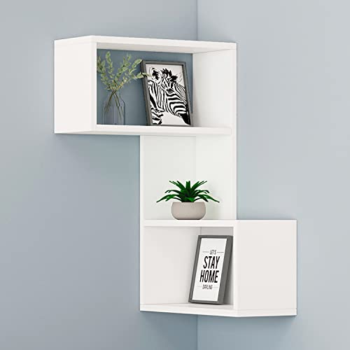 RANK Corner Shelf Wall Mounted, White Corner Shelves, Floating Corner Bookcase, Wall Storage Shelves for Wall Decor Living Room, Bedroom, Bathroom