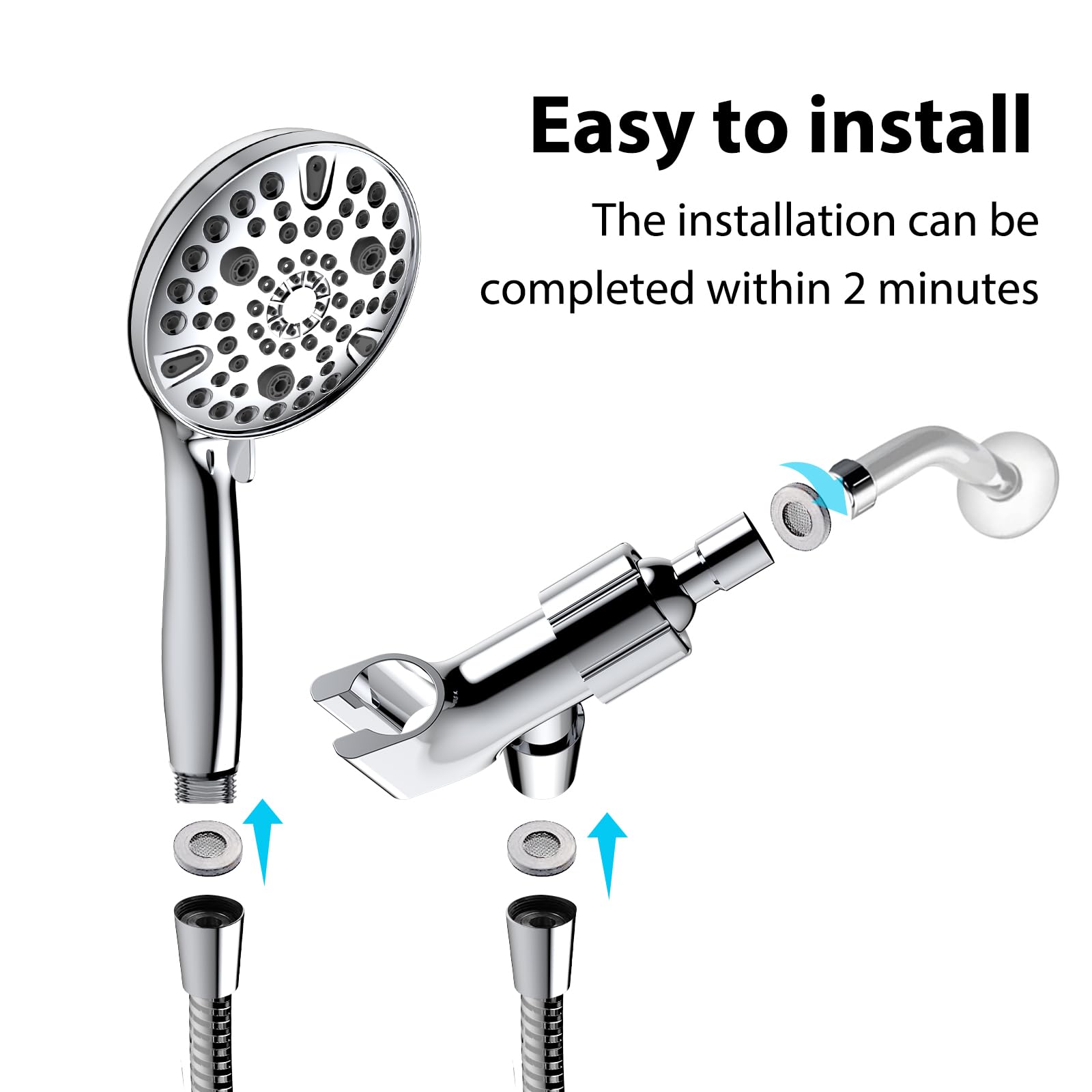 Shower Head with Handheld High Pressure - 59β Stainless Steel Hose Holder to Clean Tub Tile Pets - 10 Models Showerhead - All Chrome Finish