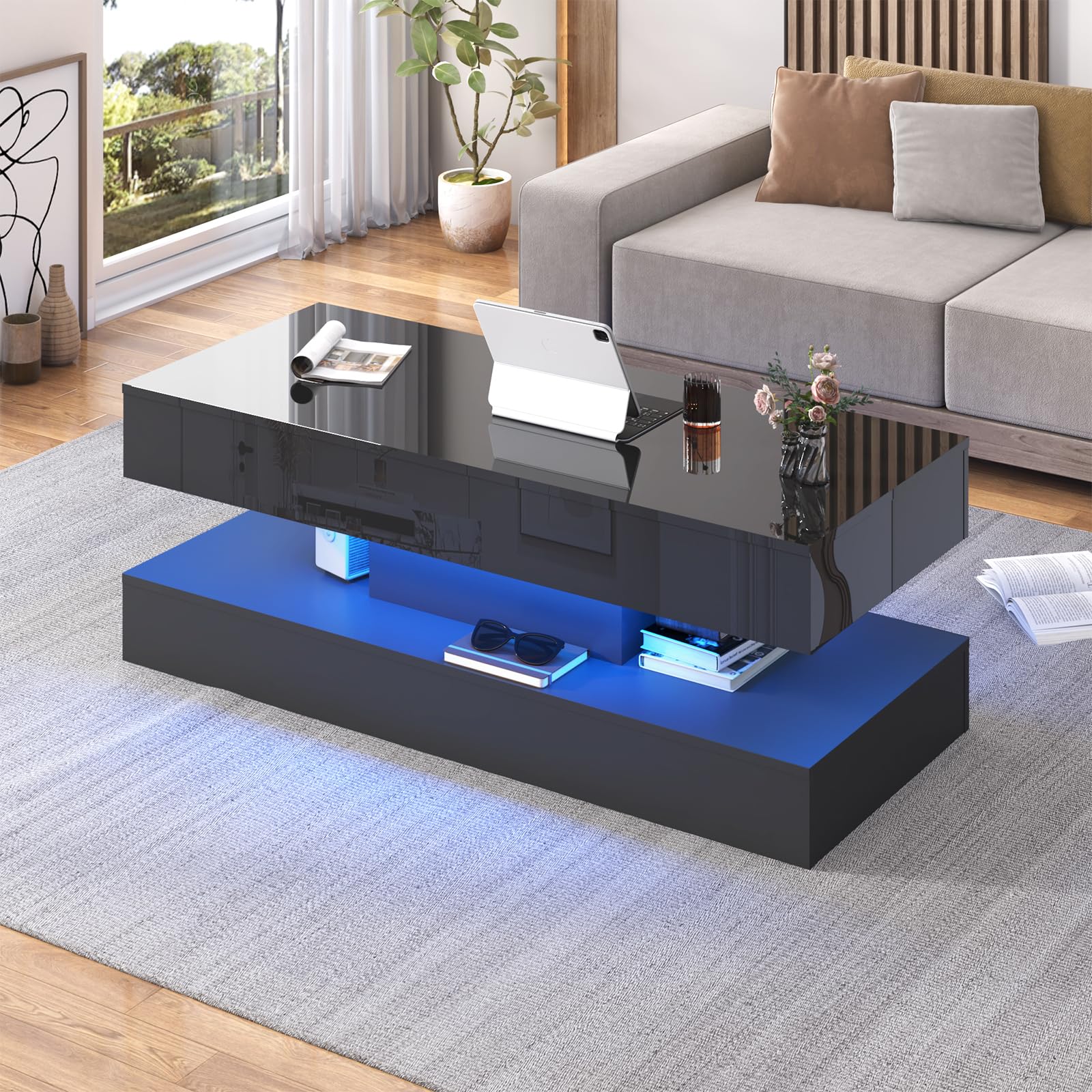 Uspeedy 47.3IN High Glossy LED Coffee Table,APP LED Lights,Black/White, Modern Furniture for Living Room (White)