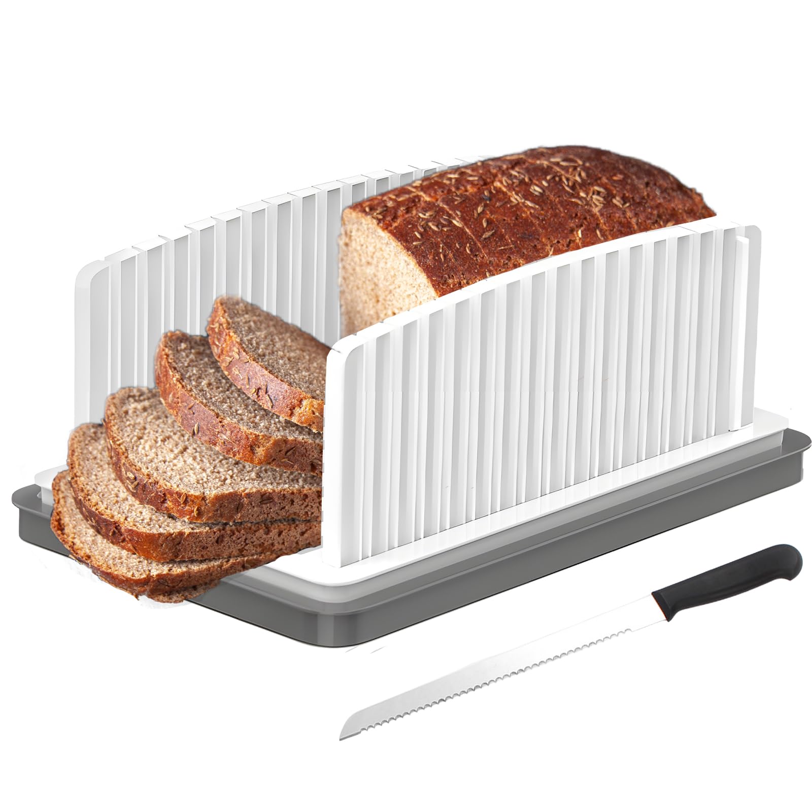 Trez Treamer Adjustable Toast Slicer with Bread Knife - Foldable & Compact Bread Slicing Guide with Crumb Tray, Perfect for Homemade Bread, Bagels, Cakes, and More