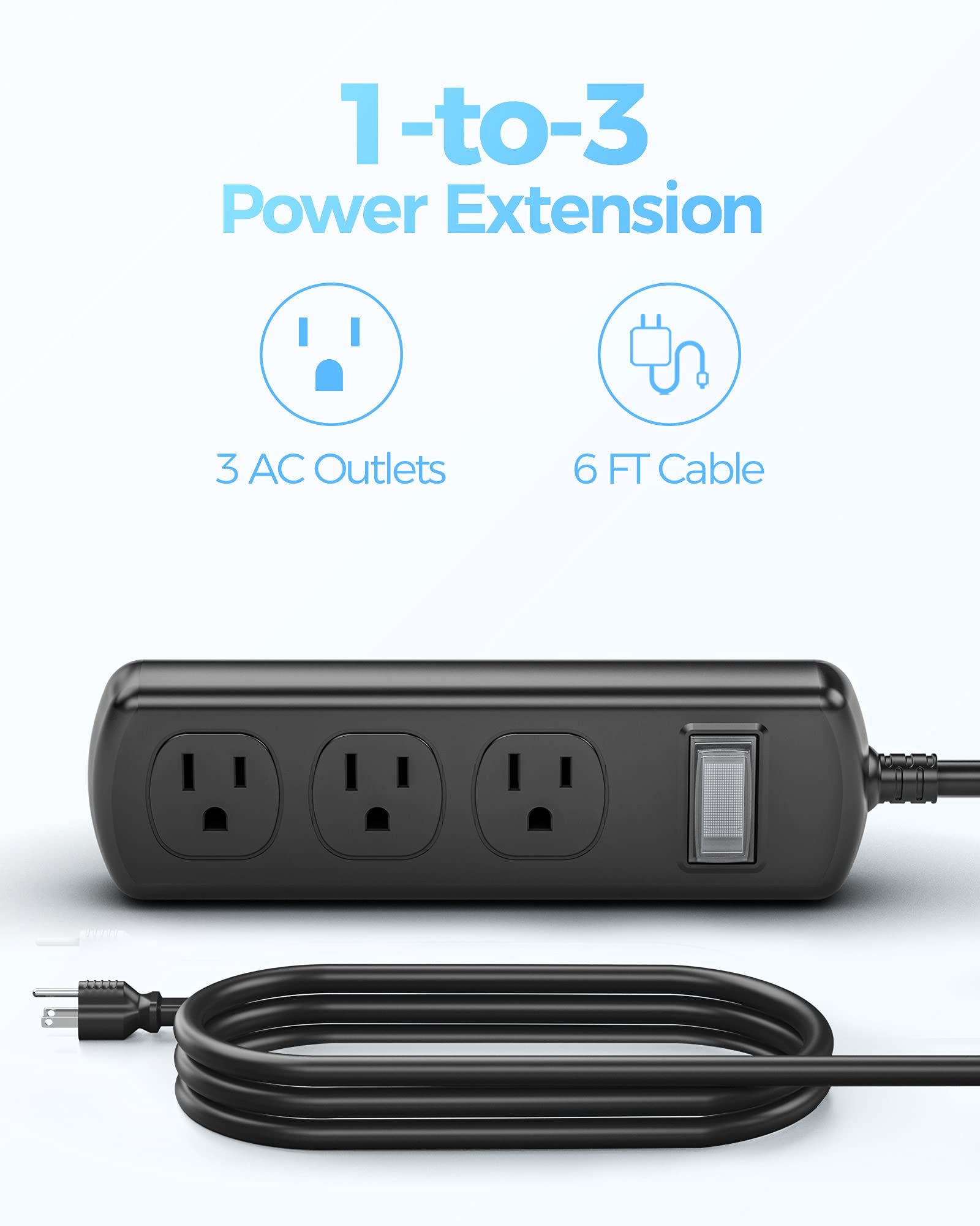 Outdoor Power Strip Weatherproof, 6 FT Extension Cord, Waterproof Surge Protector with 3 Wide Outlets, 1875W Overload Protection, Shockproof Outlet Extender for Kitchen Patio Christmas Lights, Black
