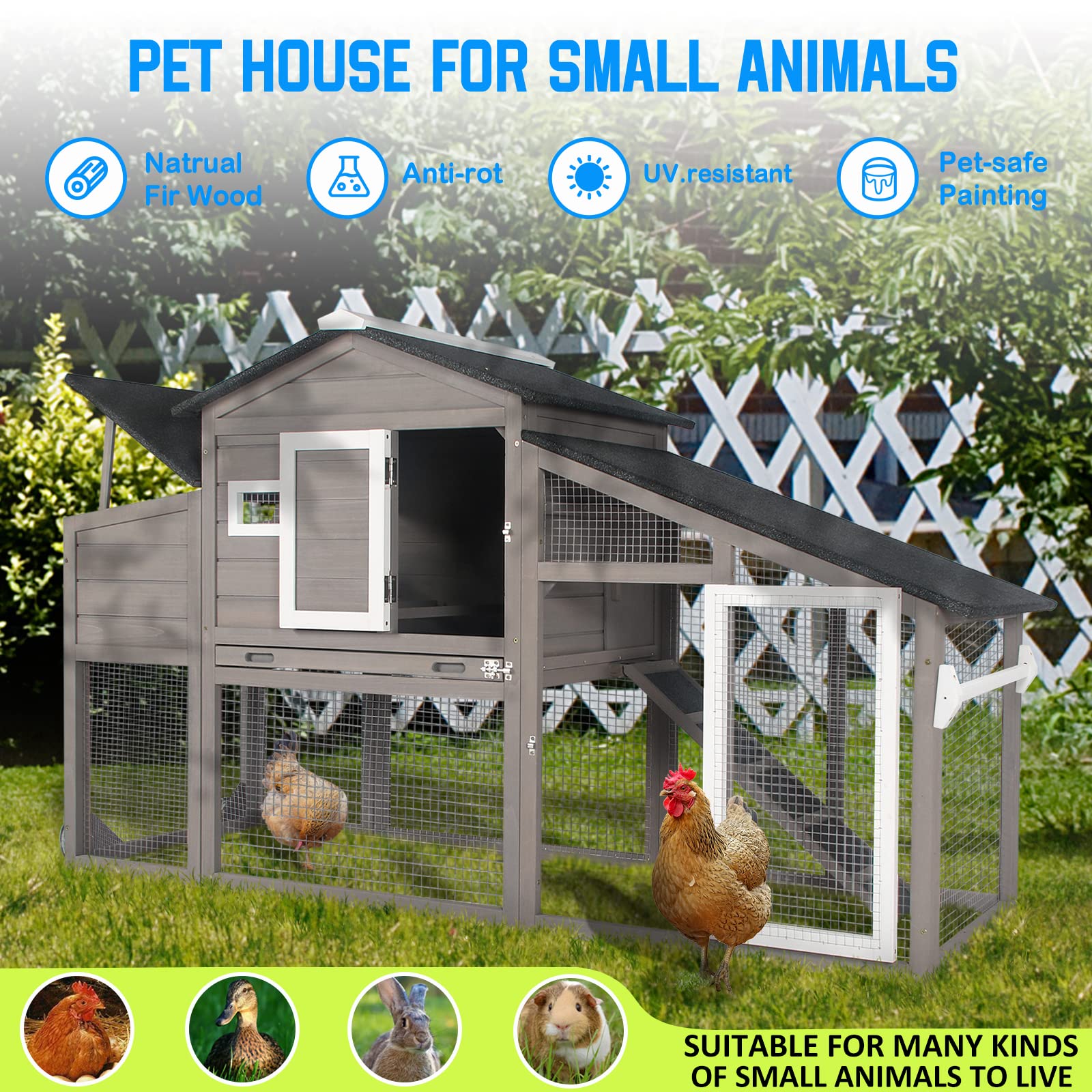 PetsCosset Chicken Coop Wooden Backyard Hen House - Indoor Outdoor for 2-3 Chickens, 2 Story Poultry Cage with Run, Chicken Nesting Box, Pull Out Trays and Anti-Slip Asphalt Ramp