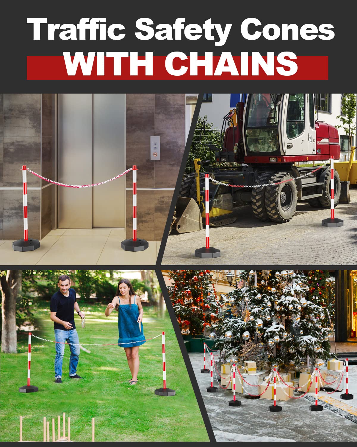 RoadHero [2 Pack] Traffic Delineator Post Cones with Fillable Base, Expandable Traffic Safety Barrier with 8FT Plastic Chain, Traffic Safety Delineator Cones for Parking Lot [Red/White]