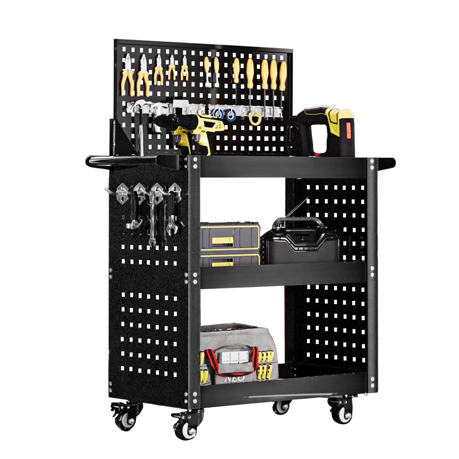 Rolling Tool Cart, 3 Tier Heavy Duty Mechanic Tool Storage Rack Side Pegboard kit with Wheels and Lockable System, Free 14 Tool Hooks, 300lbs Load Capacity for Garage Warehouse Workshop Repair Shop