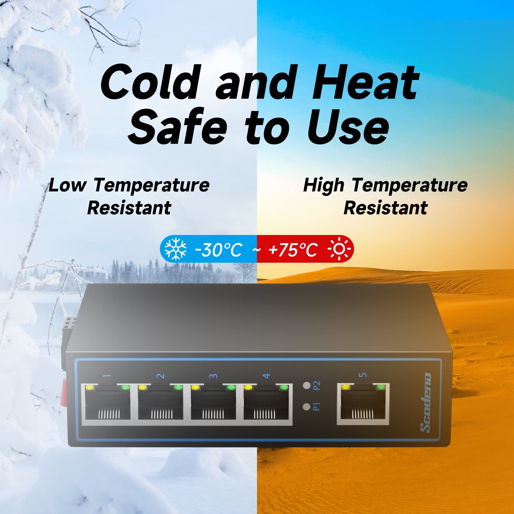 Scodeno 5 Port Industrial Ethernet Switch,10/100Mbps, 1Gbps Switching Capacity, DIN-Rail Mount, IP40 Rated Unmanaged Network Switch (-30°C~75°C)
