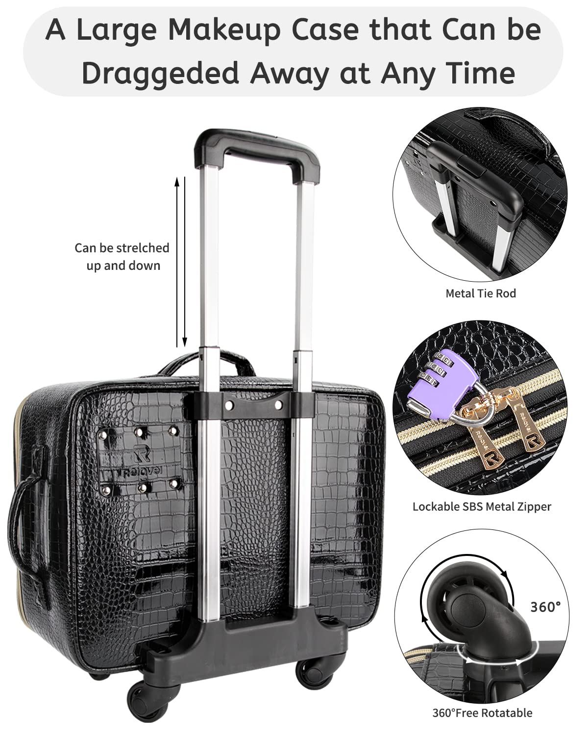OCHEAL Extra Large Makeup Case, 20" Carry On Makeup Train Case for Makeup Artist, Travel Cosmetic Case Organizer Bag Rolling Trolley Storage Box with Two Sets Adjustable Dividers 360 Degree Wheels